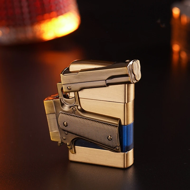 Foldable Handgun Model Gas Lighter with Visible Gas Window