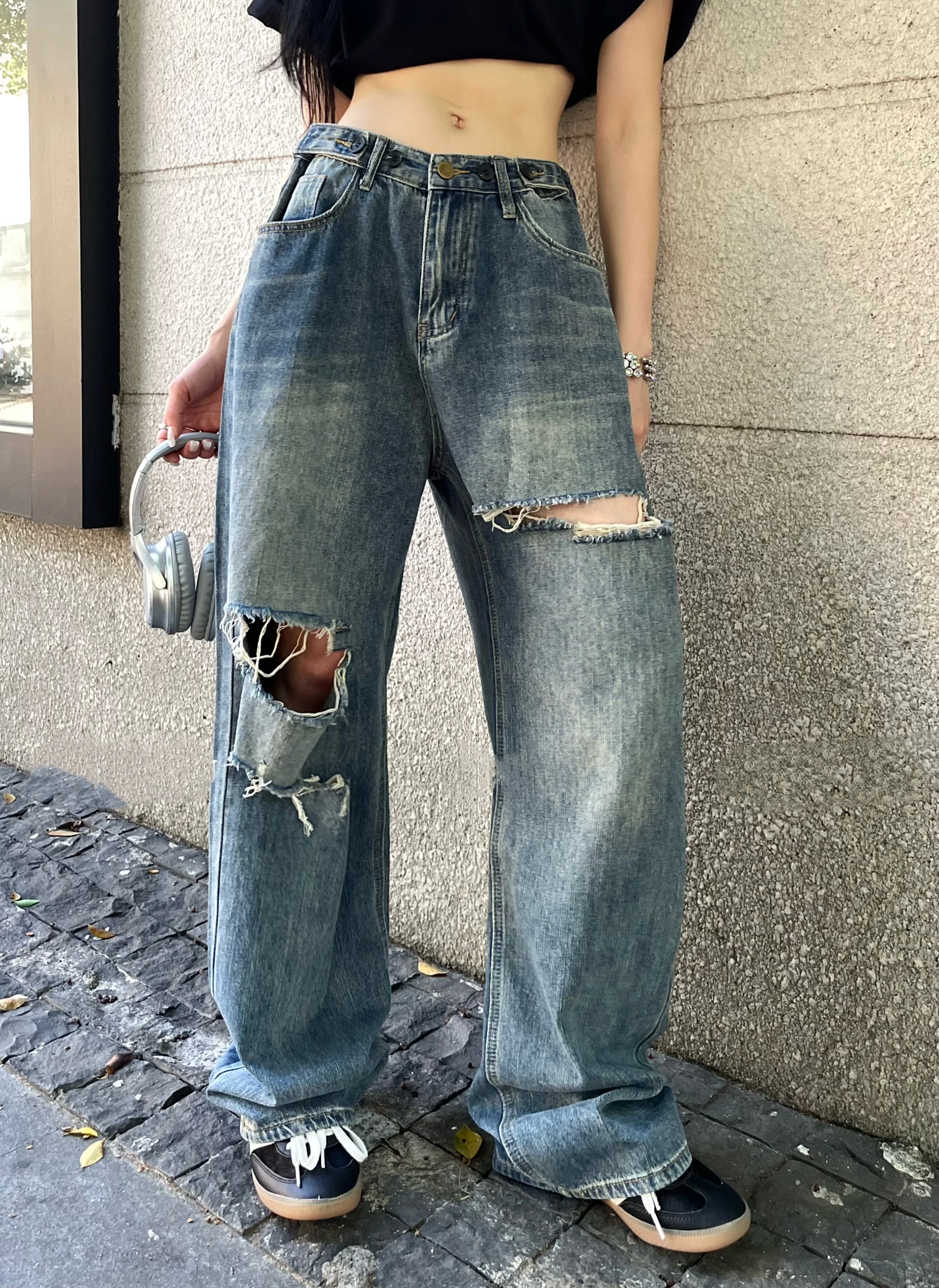 Shop Women's American Retro Style Jeans - Versatile & Distressed