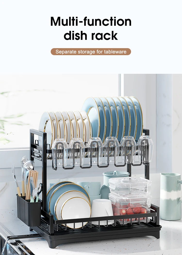 2 Layer Detachable Multifunctional Black Kitchen Shelf Plate Dish ...