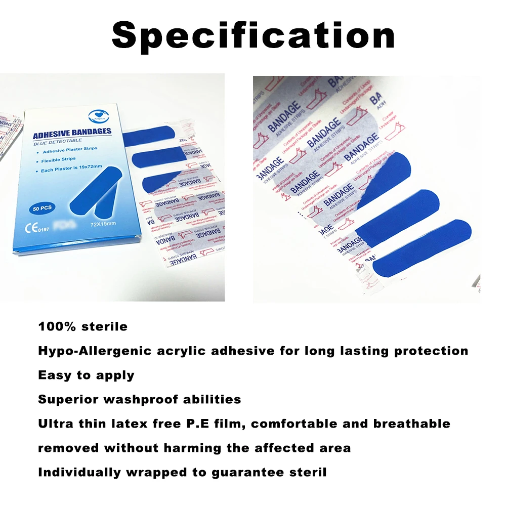 100pcs/set Blue Detectable Plasters - Sterile & Waterproof