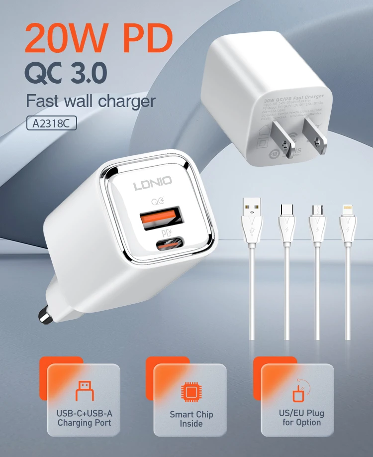 LDNIO A2318C 20W PD Universal USB-C Dual USD Power Adapter