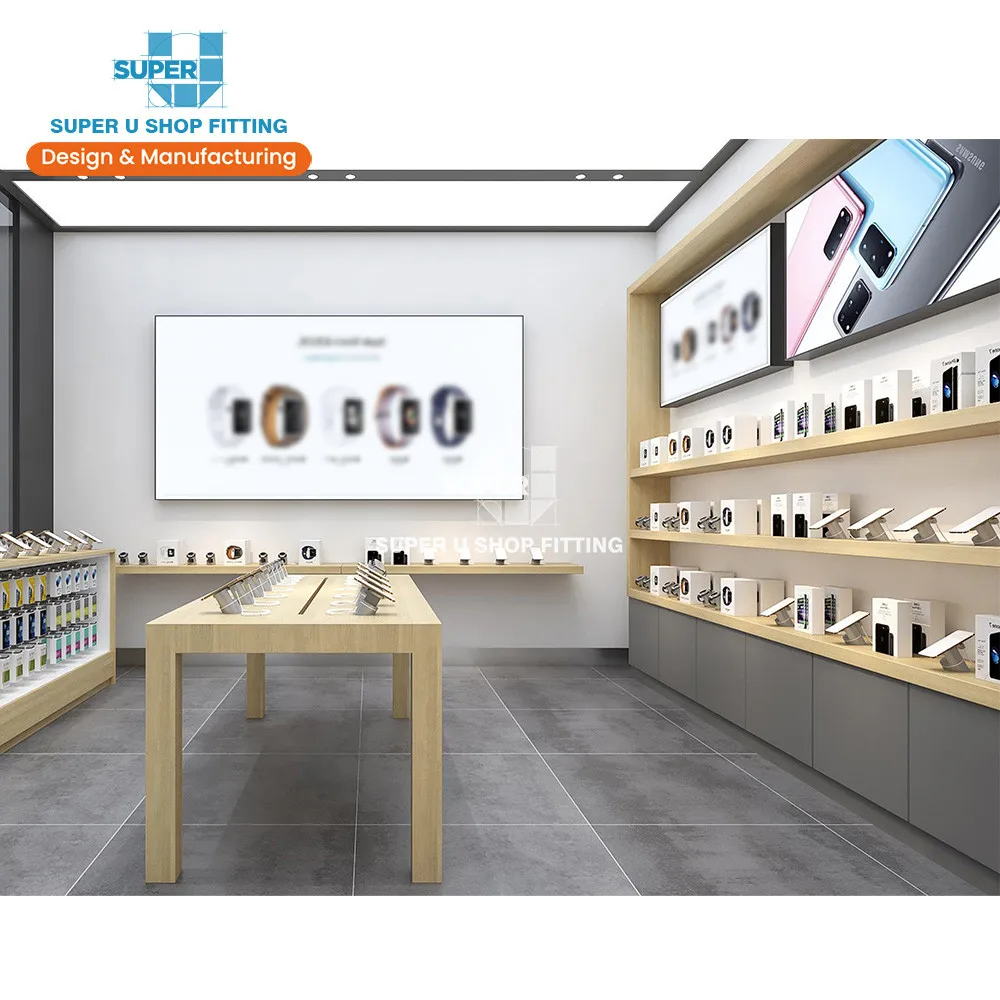 Trendy Wood Style Electronics Store Interior Design Mobile Phone Shop ...