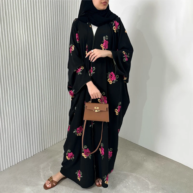 Custom design open abaya wholesale black abaya with pink flower ...