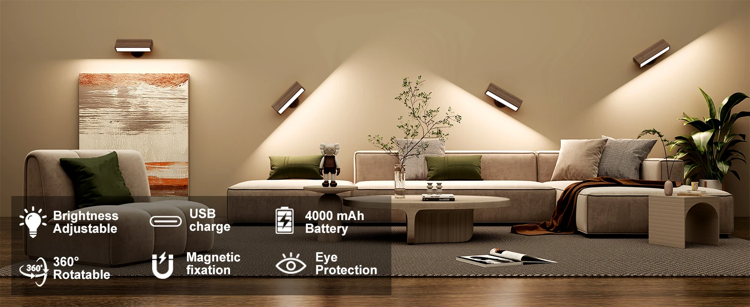 New 2 Pack Black Walnut Wall Lamp - 360 Rotatable LED Sconces