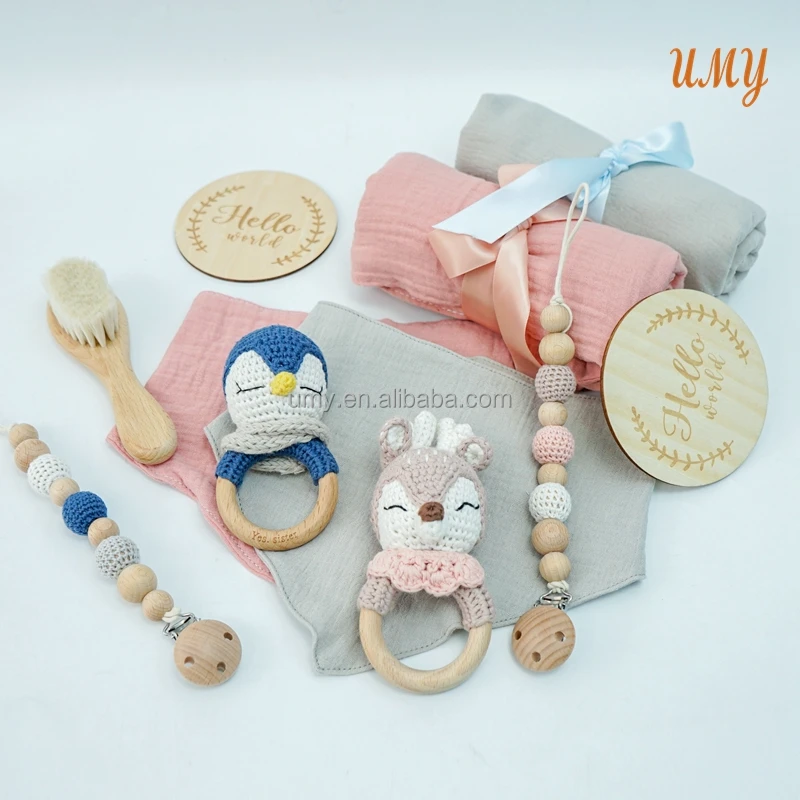 Crochet Toy Wooden Teether Animal Rattle Baby Wrap Swaddle Blanket Cot ...