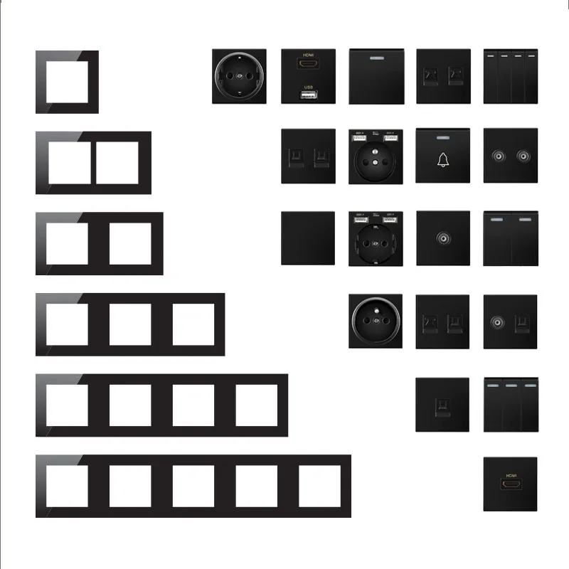 Black multiple frame wall switch socket combination, EU French ...