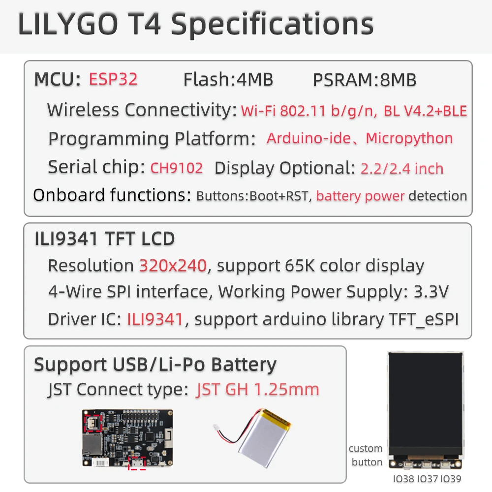 Lilygo Ttgo T4 V1.3 Esp32 Flash 4mb Wifi Bluetooth Module 2.4'' Lcd Display Programmable ...