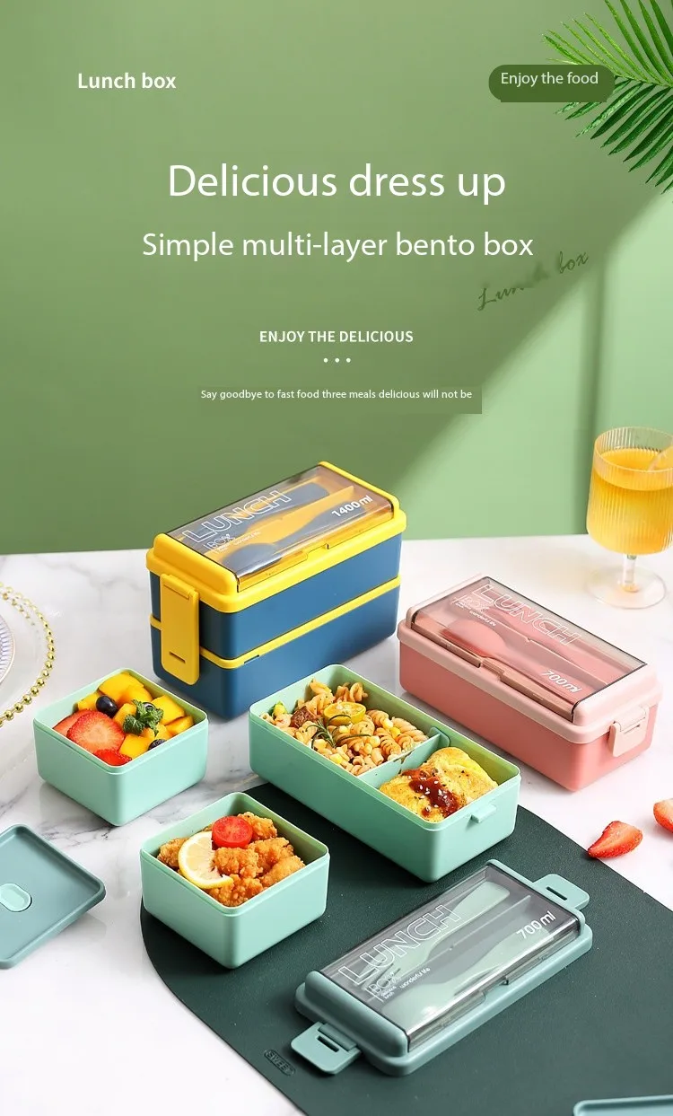 Double Layer Portable Lunch Box For Kids With Fork And Spoon Microwave Bento Boxes Dinnerware ...