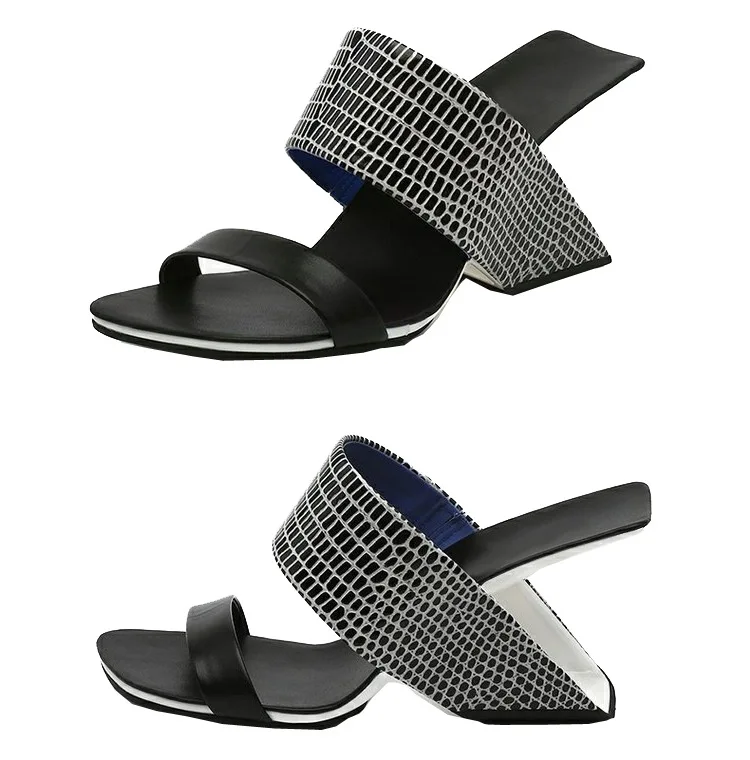 Summer Outdoor Genuine Leather Peep Toe Color Mixed Strange Heels ...