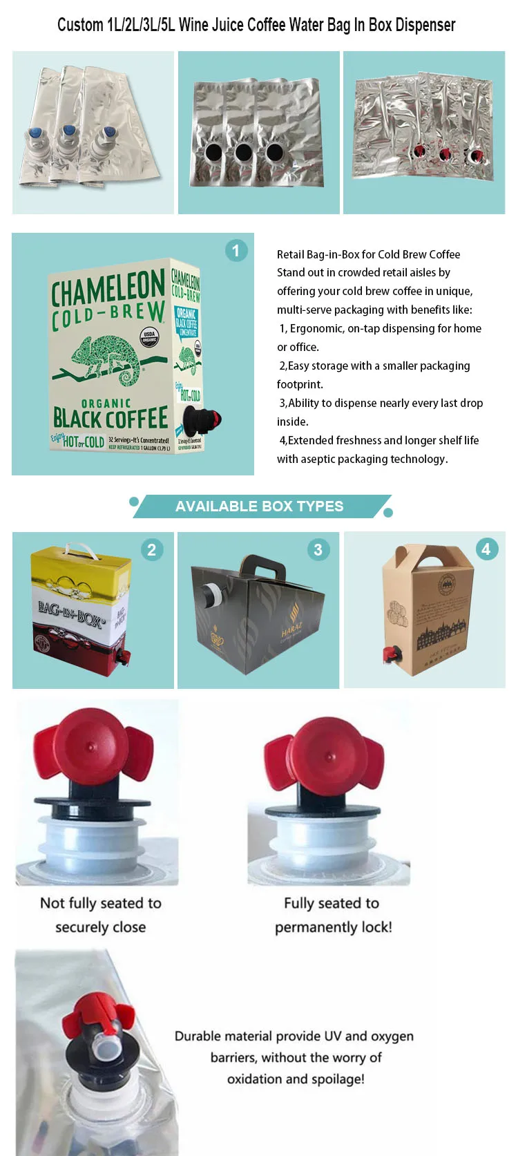 Custom 2l 3l 5l 96oz 128 Oz Cold Brew Coffee Bag In Box Dispenser With ...
