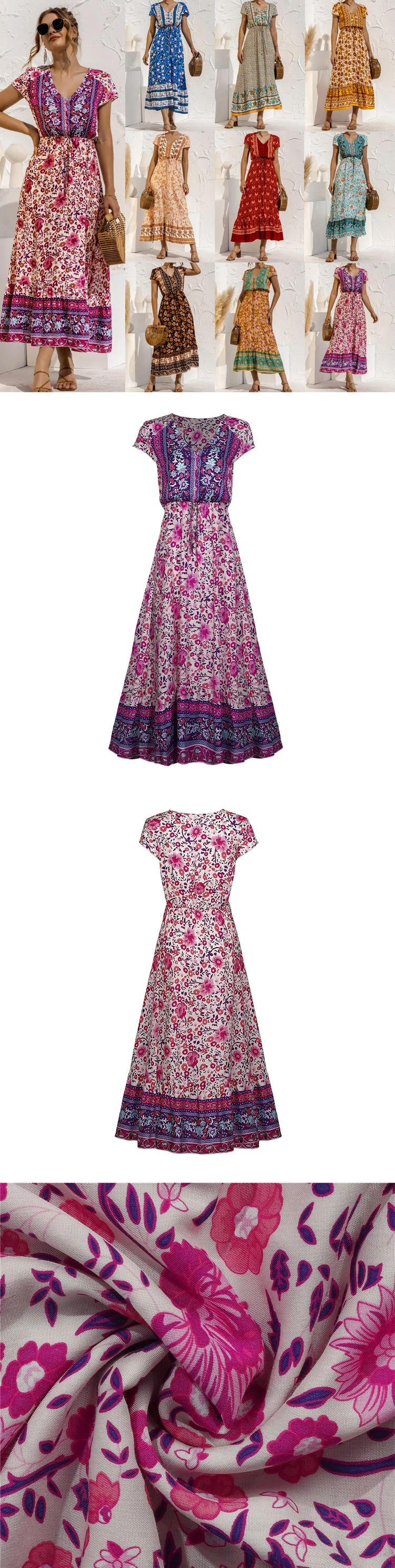 Summer Hawaiian Sun Dress Boho Flowy Bandage Floral Print V Neck Short