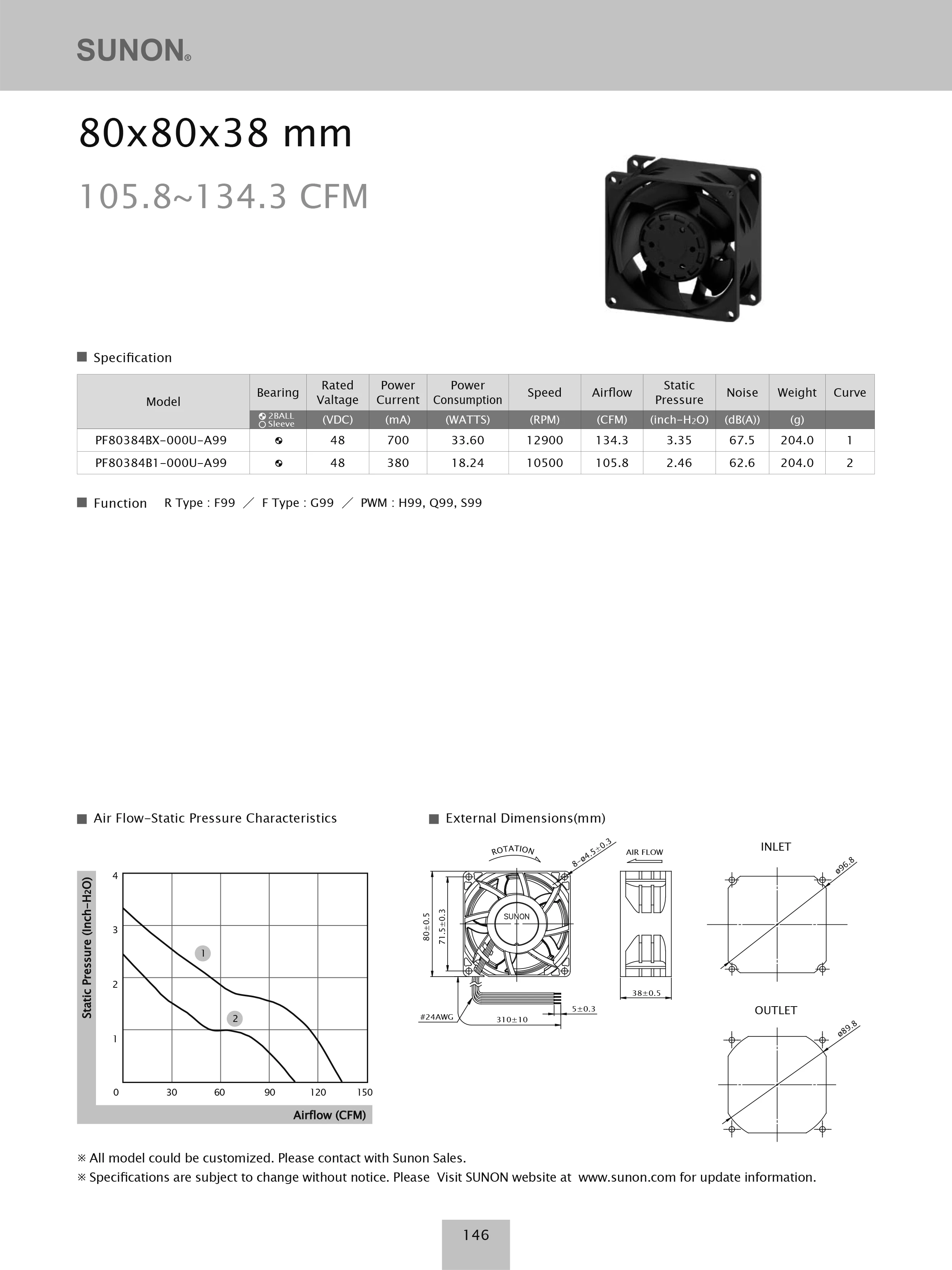 Sunon PMD1208PMB1-A DC Fan - 80x80x38mm, 12V, 84.1CFM