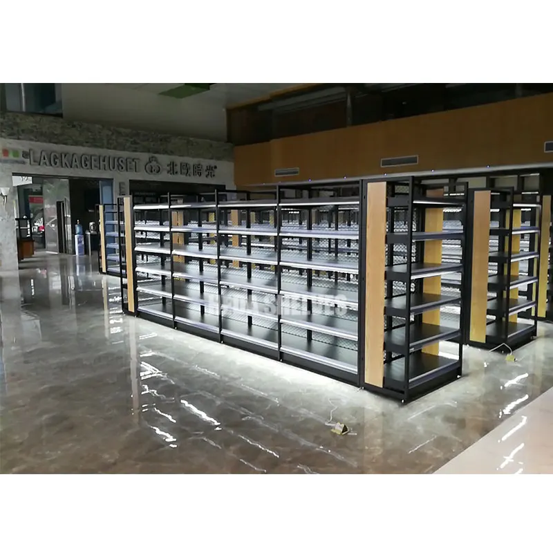 Versatile Black Gondola Shelving System With Integrated Light Bars For ...