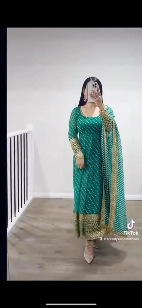 Readymade Indian Long Gown & Dupatta Set, Faux Georgette Print With ...