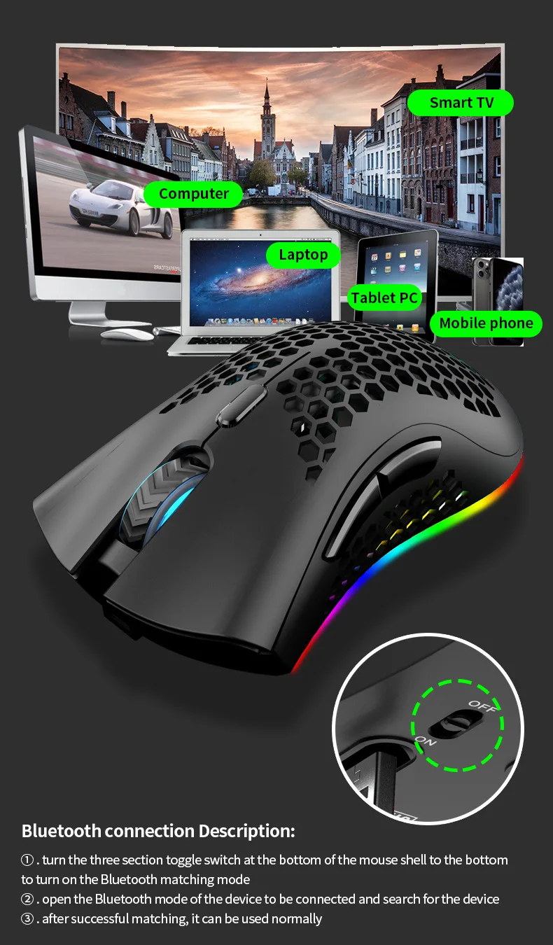 2024 New 2.4Ghz &Bt RGB Optical Computer Wireless Mouse Game USB Gaming ...