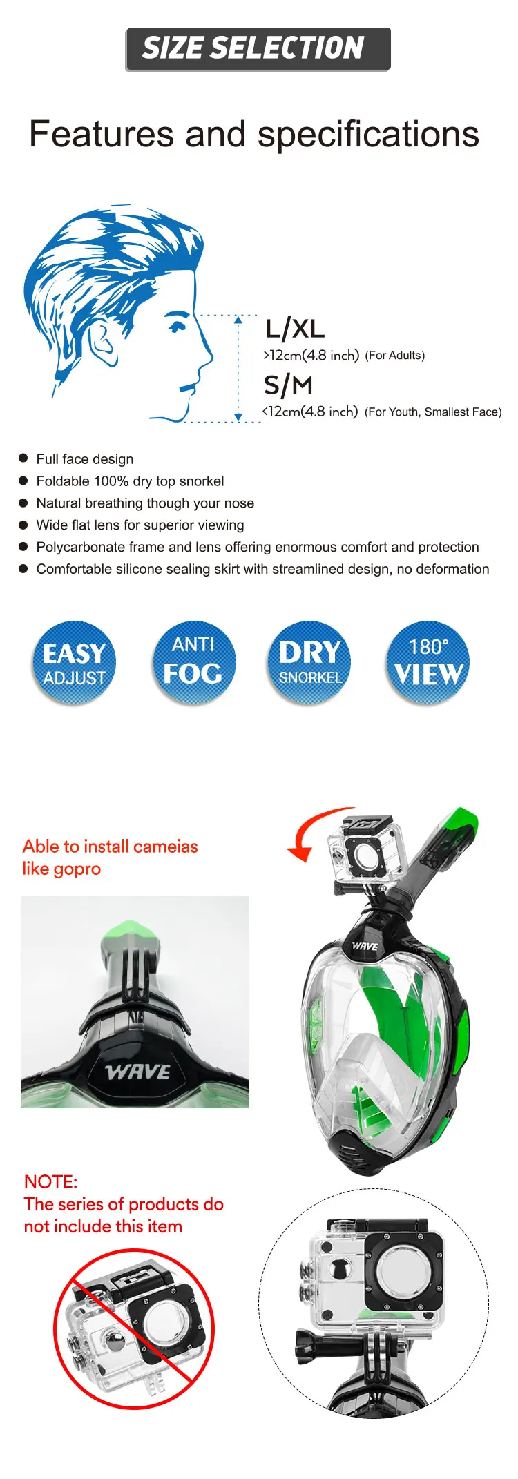 WAVE Diving Mask - Full Face Snorkeling Gear with Camera Mount