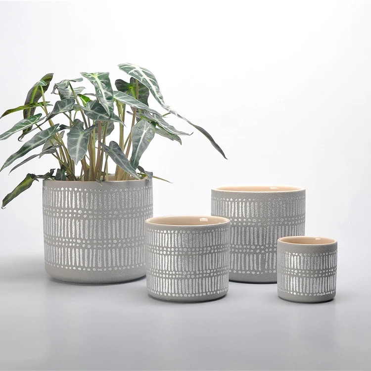 Modern silver decorative striped cylinder pottery succulent flower pot ...