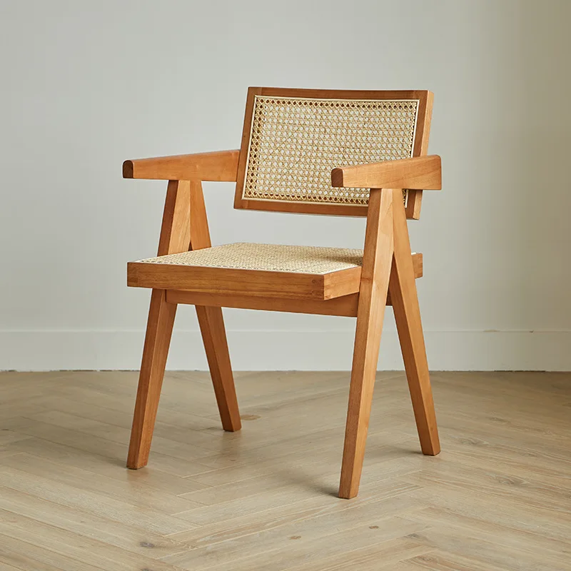 Rattan Wabi-sabi Style Dining Chair Household Solid Wood Backrest Log ...