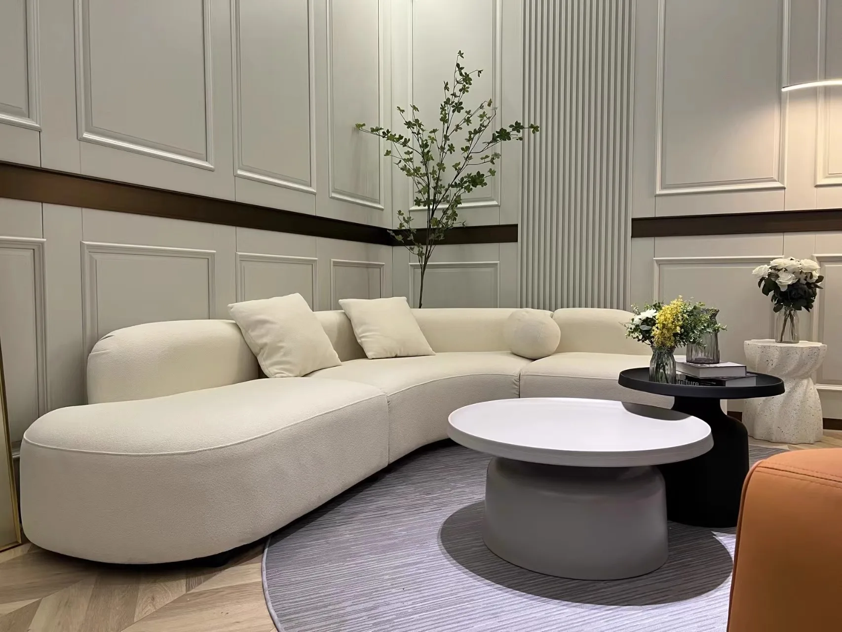 Modern Curved Sofa Set Furniture Fabric Round White Living Room Sofa ...