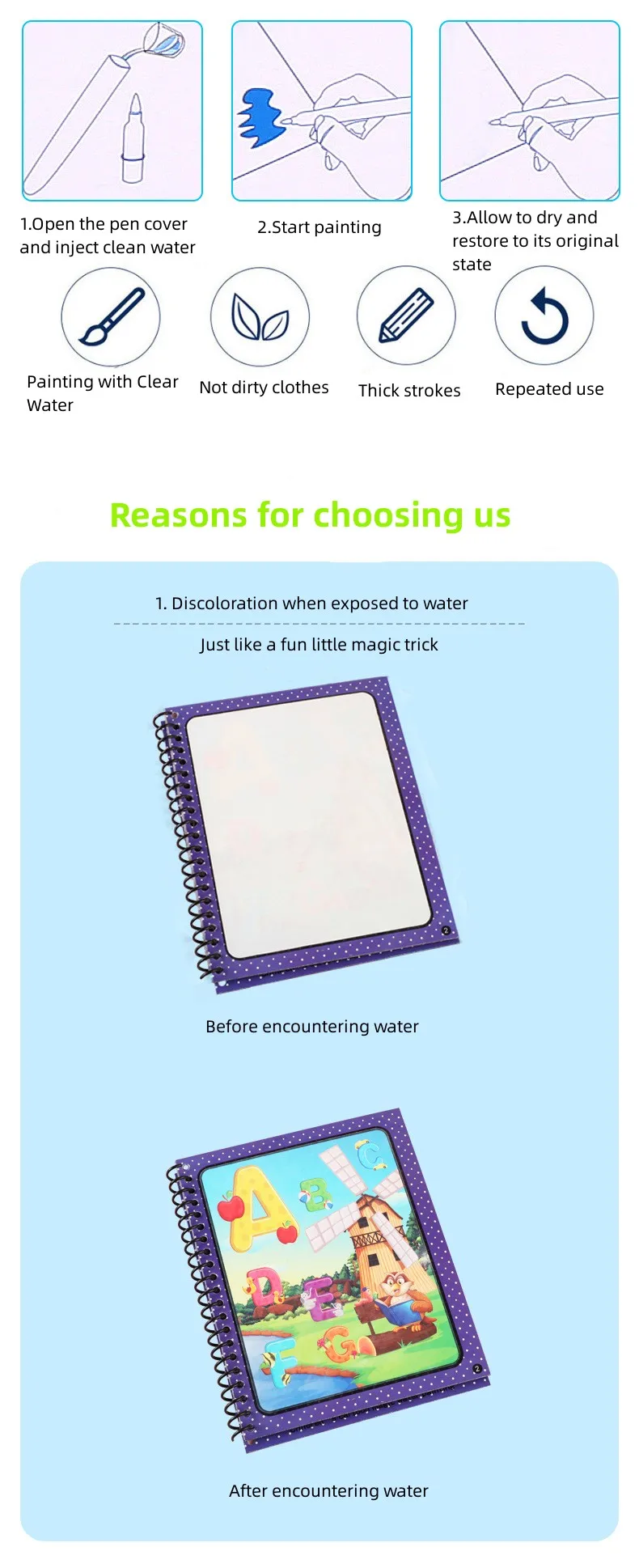 Children Toy Diy Magic Water Reusable Colouring Paint Book with Water ...