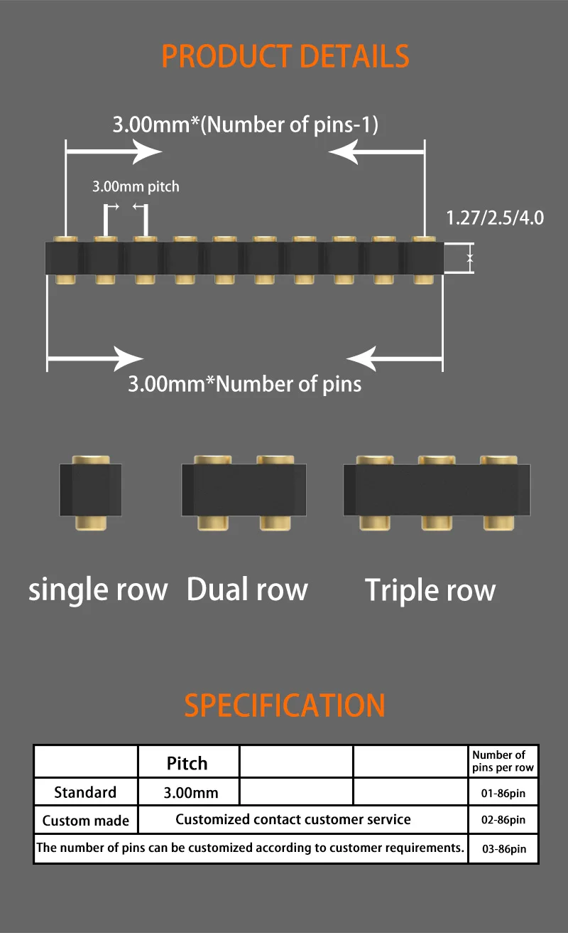 Denentech Gold Plated Pogo Pin 3mm Female H4.0mm Plane Triple Row Straight Smt Pogo Pin ...