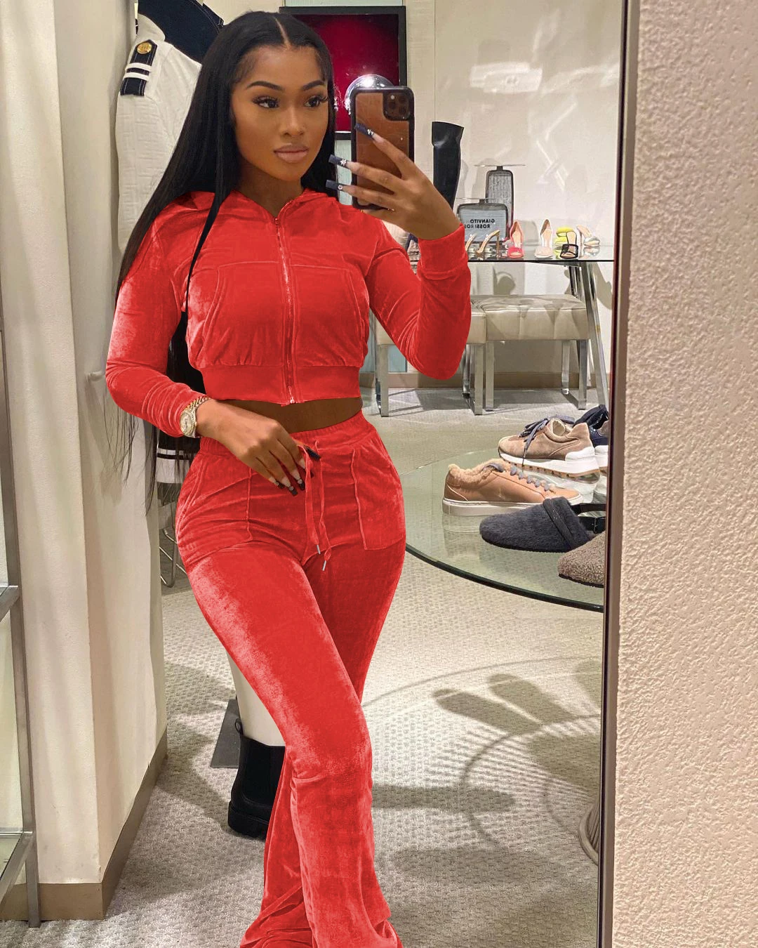 Custom Rhinestone Velvet Sets Women Velvet 2 Piece Embroidery Velour ...