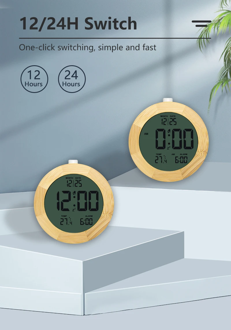 EMAF Real Alarm Clock - Digital Desk with Bamboo Frame