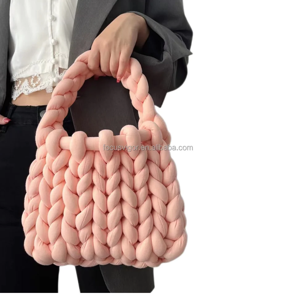 Women's Fashion Handmade Chunky Yarn Bags Soft Knitted Weaved Mini Tote ...