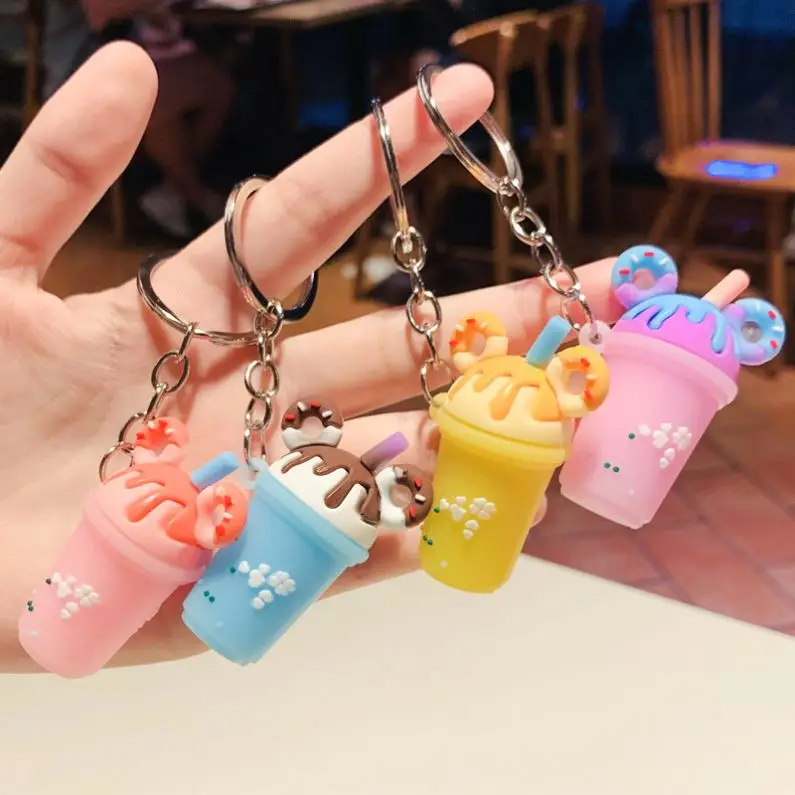 Cartoon Head Keychain Cute Donut Milk Tea Cup Keyring Charm Bag Car ...