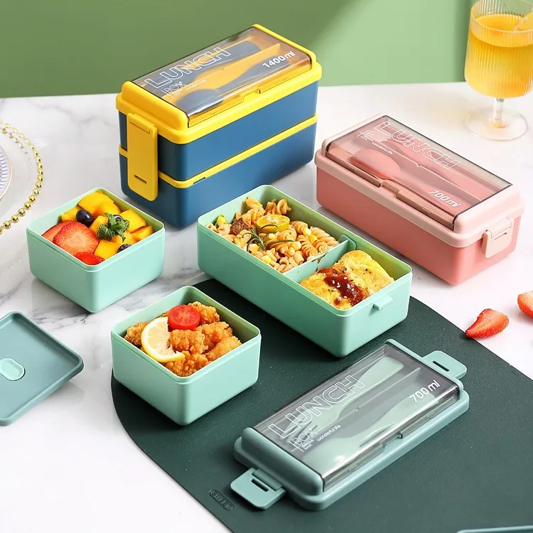 Portable 1400ml Plastic Food Container 2 Layers Lunch Box With Cutlery ...