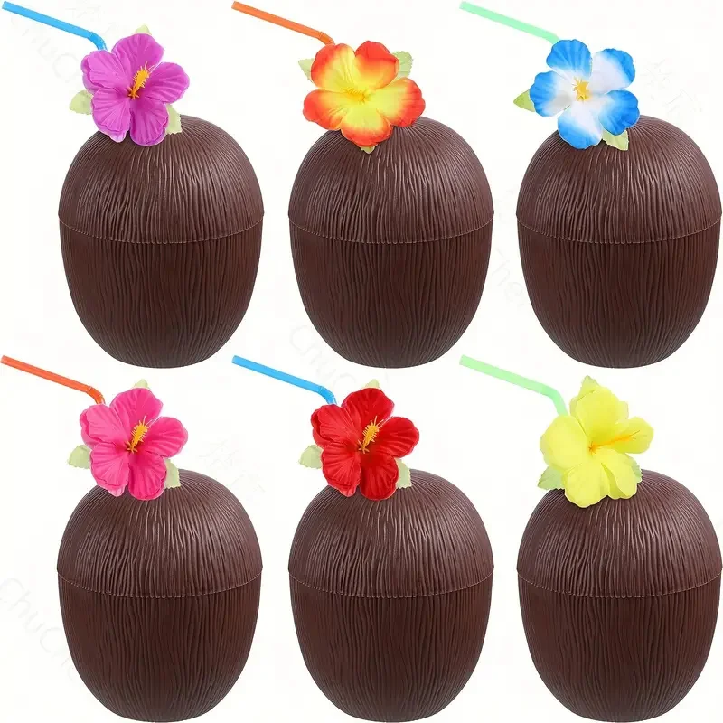 Hawaii Coconut Cups With Straws And Cocktail Drink Picks,Hawaiian Luau ...