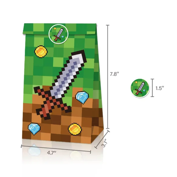 Customize Pixels Miner Party Favors Bag Paper Bags With Stickers Gift ...