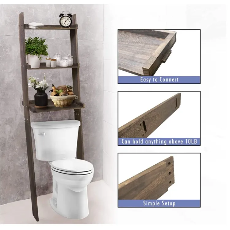 Hot Sale 3 Tier Restroom Ladder Shelf Brown Wooden Toilet Rack Shelf ...
