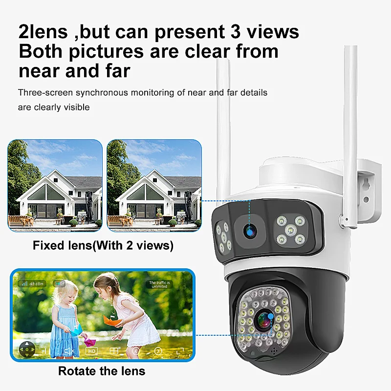 V380 IP66 4G /WIFI / Solar Powered Camera Three Screens Dual Lens 4MP ...
