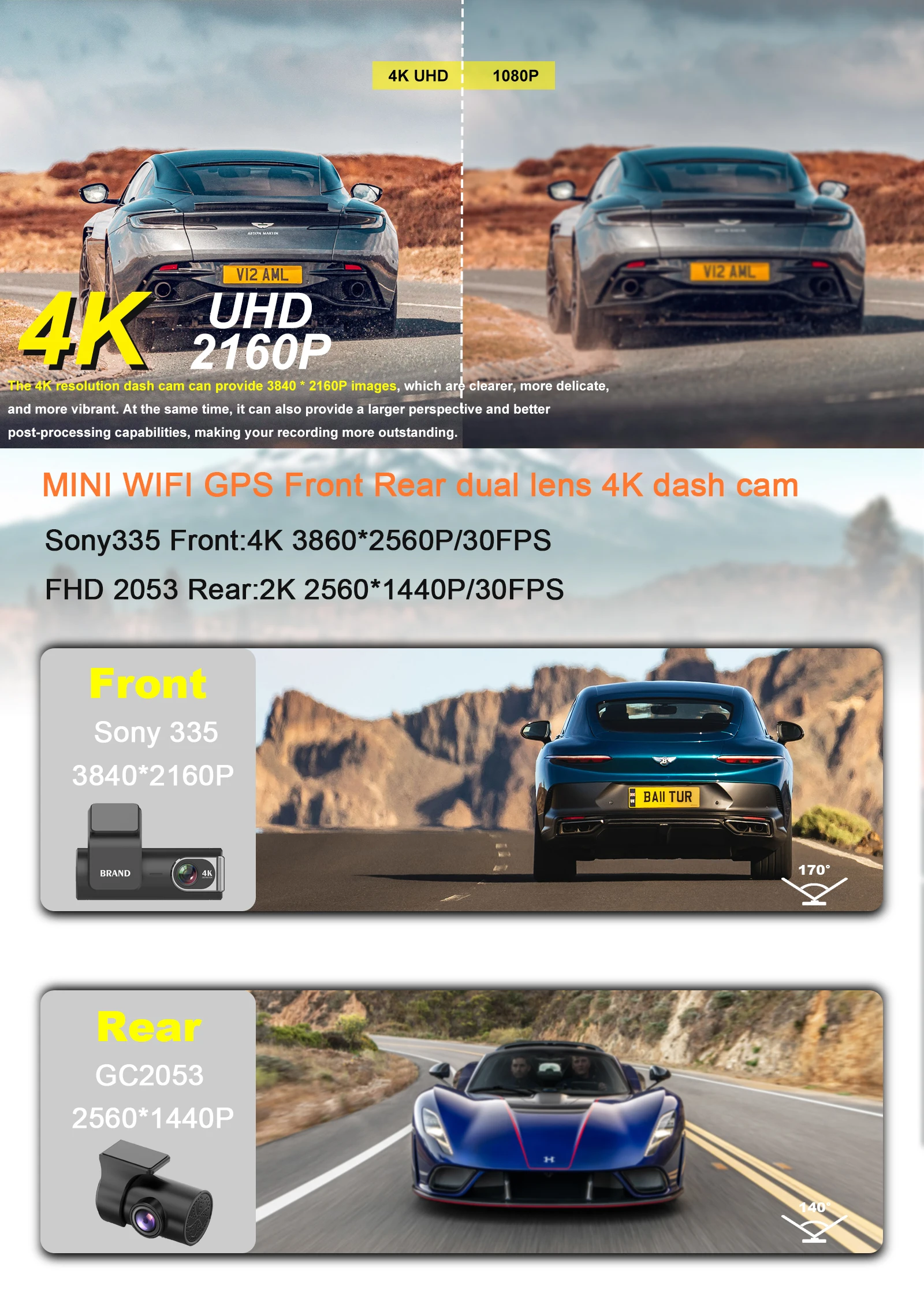 Mini 4K DashCam Video Camera Front and Rear Dual Lens 4k Dash Camera ...