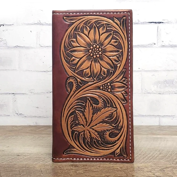 Hand Carved Leather Western Long Wallet Hand Sew Cowboy Roper Wallet ...