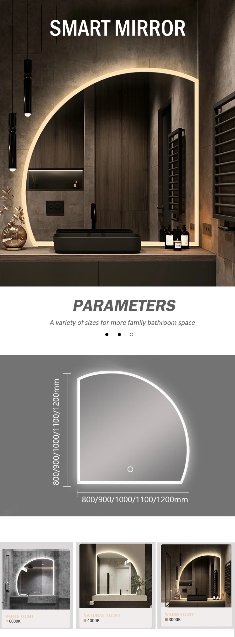 Frameless Touch Sensor Bluetooth Decorative Wall Mounted Smart Bathroom Half Moon Mirror With ...