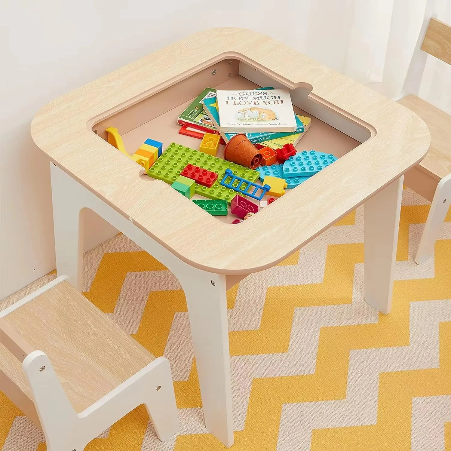 Wooden Kids Storage Table and Chair Set White Set of Three Perfect for ...