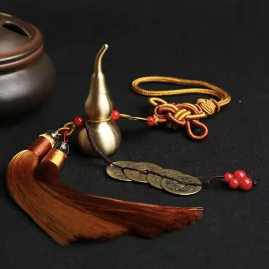 Bagua Copper Gourd Five Emperor Coins Chinese Knot Pendant