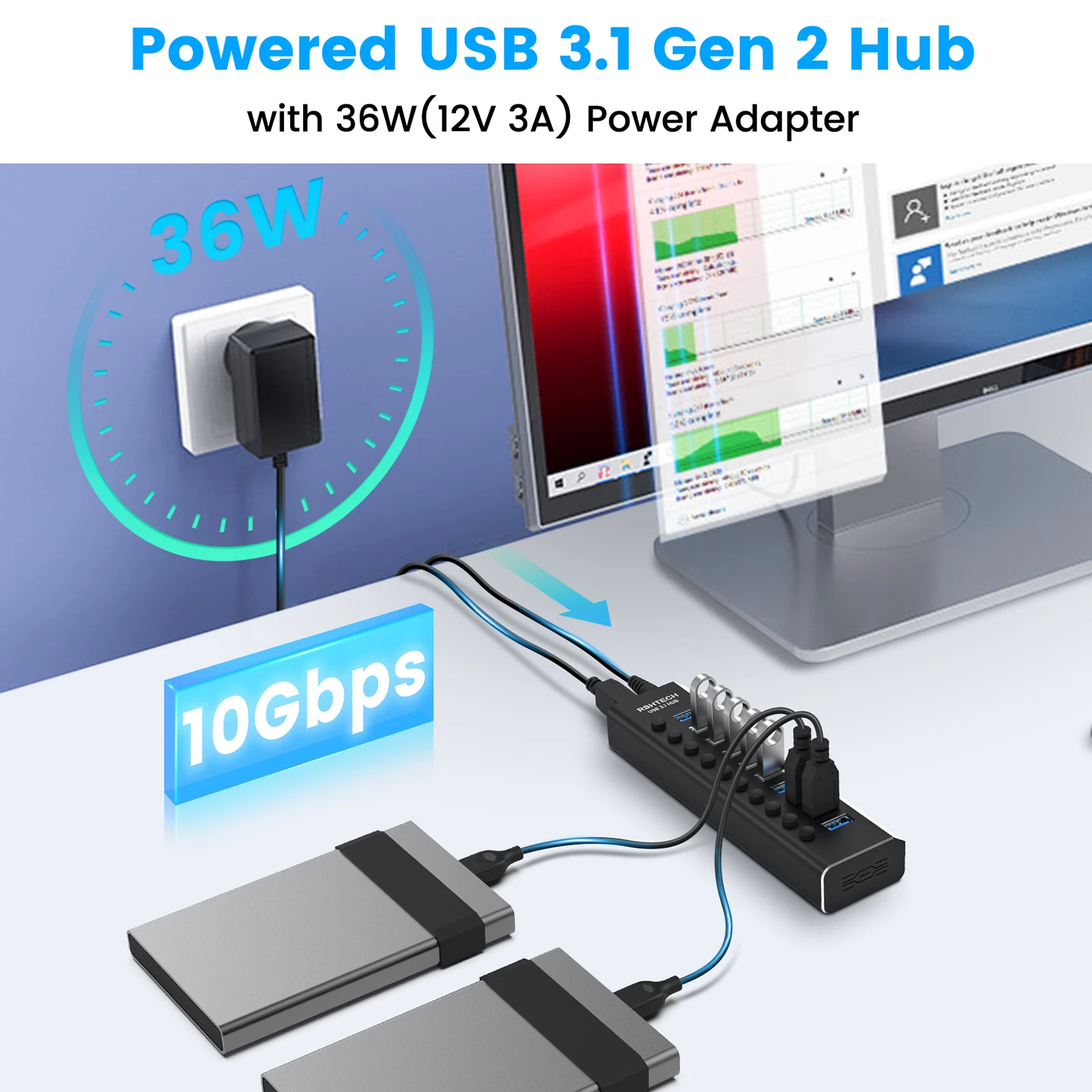 RSHTECH 10Gbps Aluminium USB Hub Splitter 12V/3A Power Adapter USB C Hub 10 Port Powered USB 3.1 ...