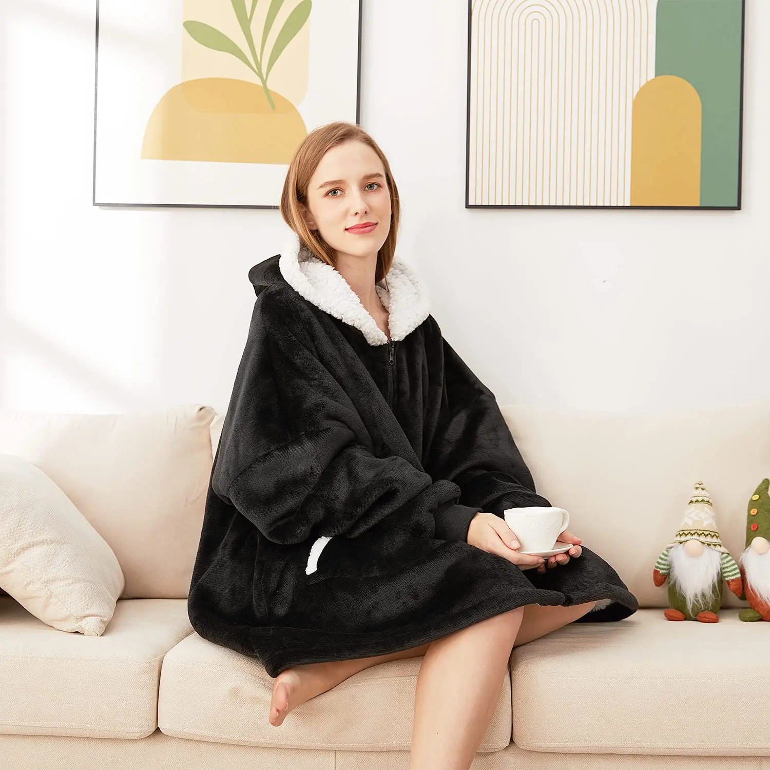 Wearable Hoodie Blanket Oversized Thick Flannel Sherpa Blanket Sleeves ...