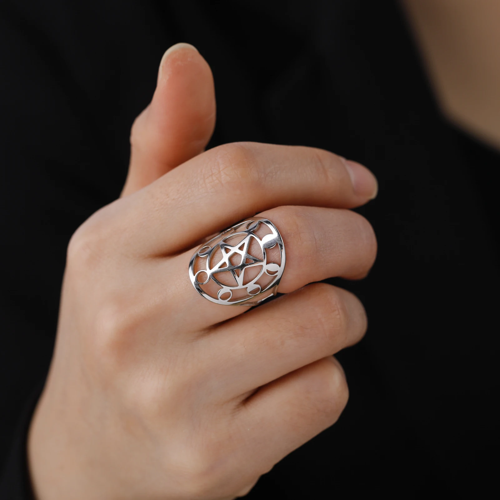 Moon Phase Pentacle Pentagram Ring Stainless Steel Adjustable Finger ...