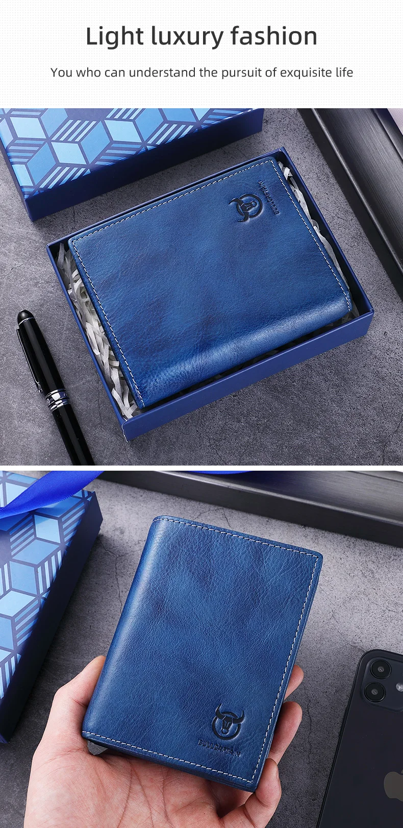 BULLCAPTAIN Men's Genuine Leather RFID Blocking Trifold Wallet and Slim ...