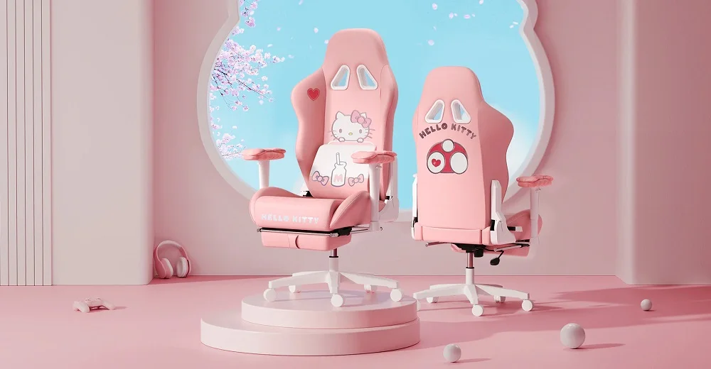 Shop Our 2022 Cute Kitty Hellos Pink Gaming Chair with Footrest