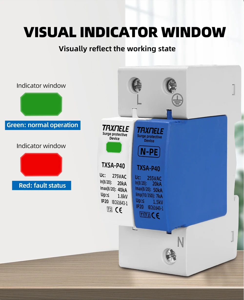 AC SPD Lightning Arrester 1P+NPE 40KA 50KA T1 T2 385V 275V 255V