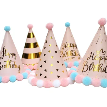 Happy Birthday Cone Hat-happy Birthday Paper Triangle Pompoms Hat For ...