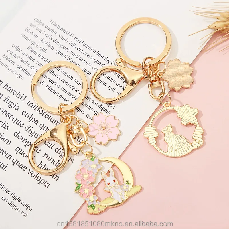 Cute Cartoon DIY Metal Keychain - Fresh Cherry Blossom Rabbit
