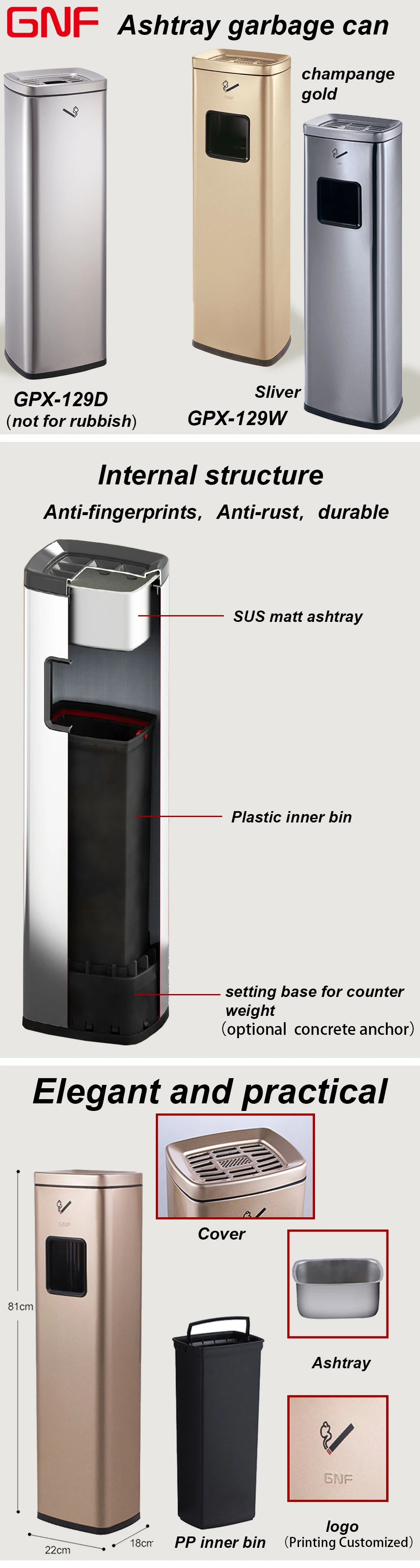 GNF Outdoor Stainless Steel Ashtray Trash Bin - Eco-friendly