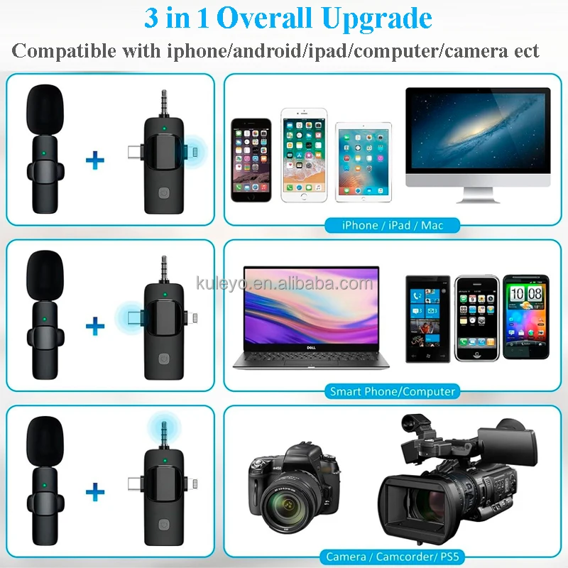 K15-3 in 1 Wireless Microphone Stereo Lavalier Microphone Mini Noise Cancelling Lapel Mic for ...