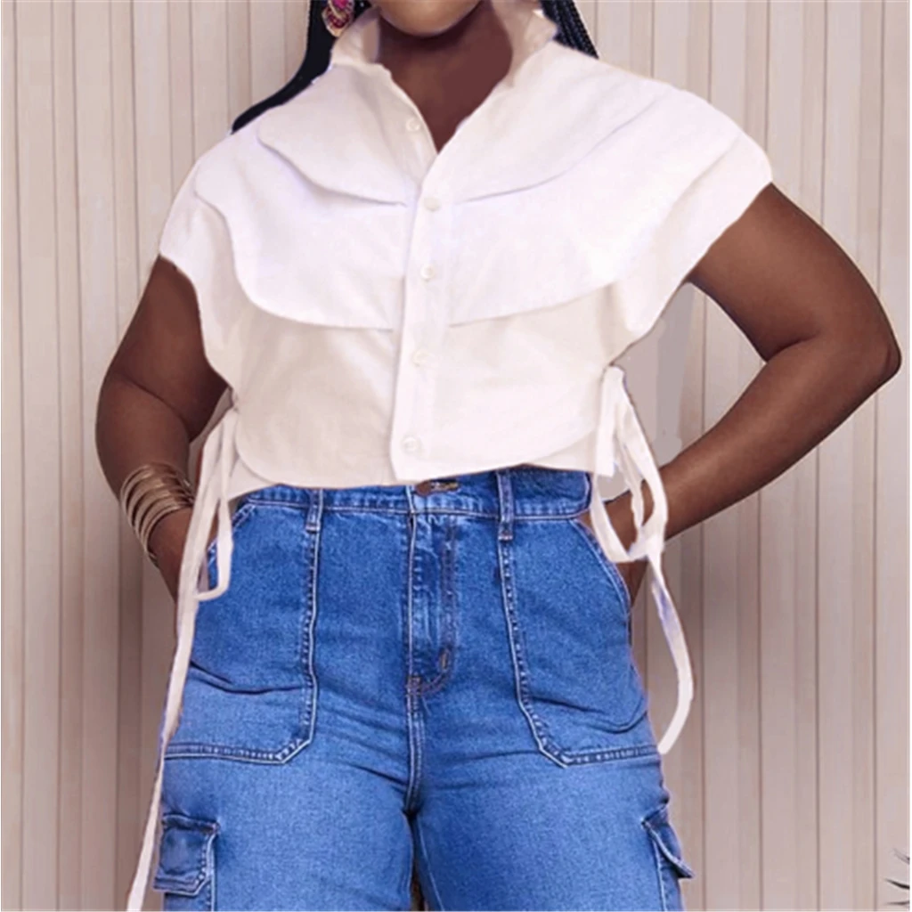 ZHEZHE 2024 Spring Summer Side Lace up Crop Top Turndown Collar Button ...